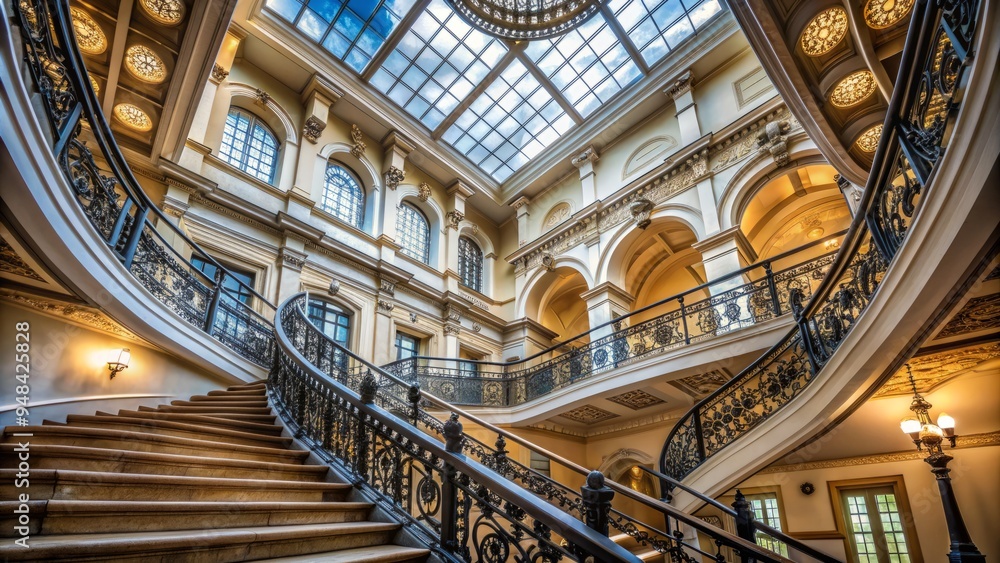 Grand staircase with ornate ironwork and ornamental details curves ...