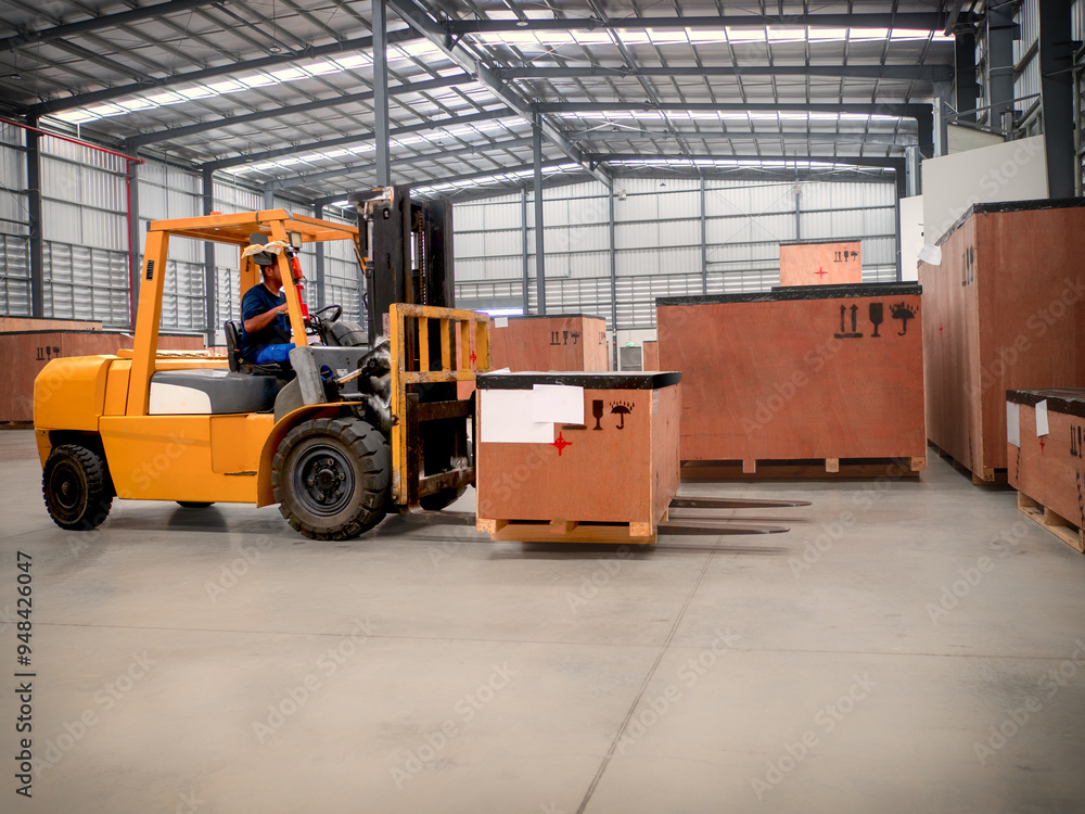 Project cargo in big wooden boxes stored in the warehouse. The cargo in ...