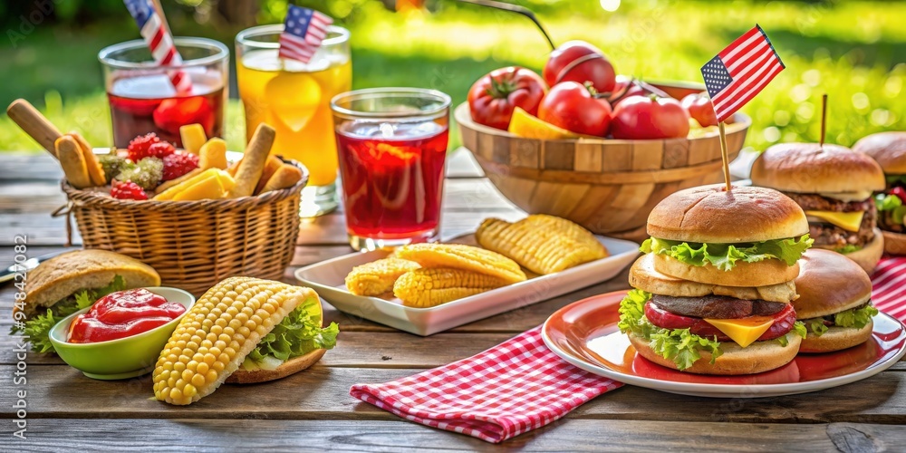 Summer Memorial Day cookout spread with burgers, hot dogs, corn on the ...