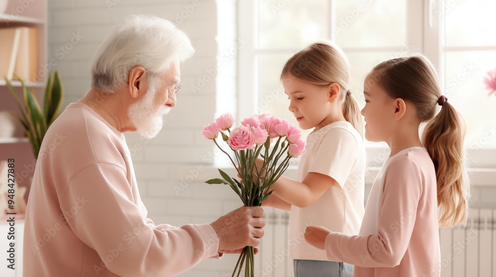 Grandparents Day celebration with family, kids giving flowers to ...