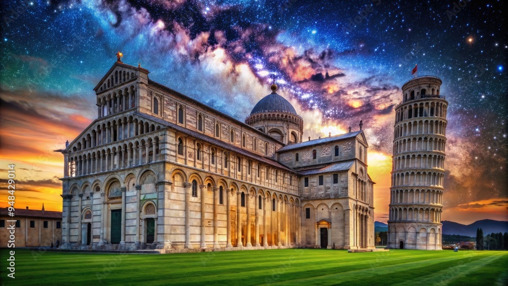 Elegant Duomo cathedral and iconic leaning tower sparkle under the starry night sky, surrounded ...