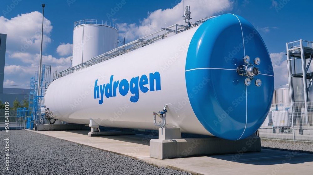 Blue sky cylindrical hydrogen storage tank with hydrogen symbol "H2 ...