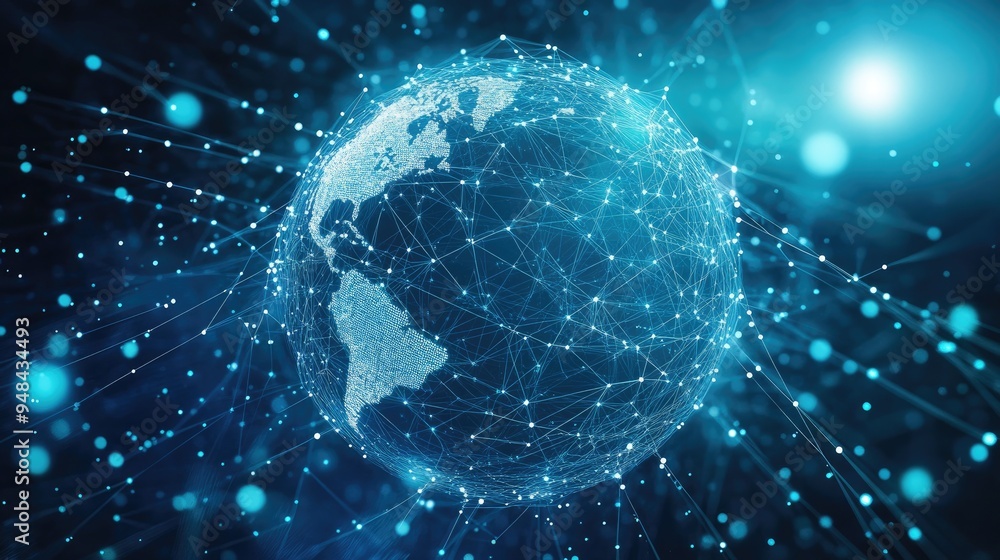 A visual of a globe encircled by digital networks, representing the ...