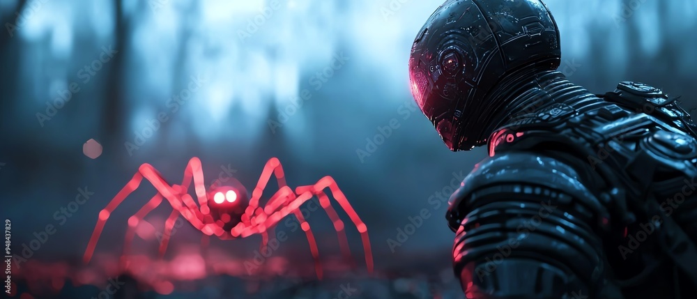 Futuristic cyborg confronts a glowing red robotic spider in a misty ...