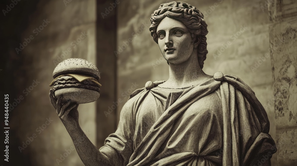 Ancient Greek-style statue depicted with a modern burger in hand, in a ...