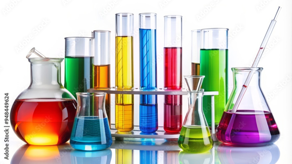 Laboratory glassware containing various colored liquids and beakers ...