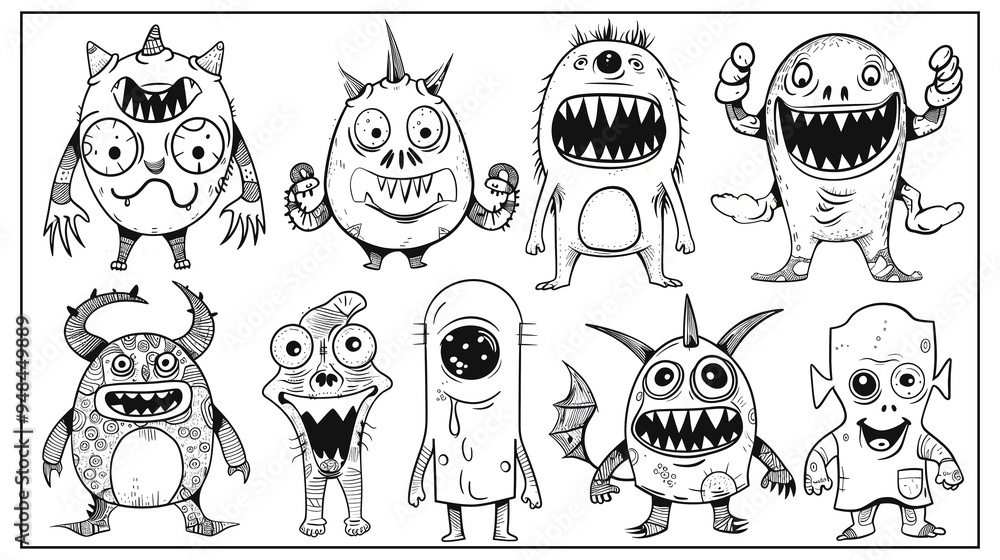set of doodle cartoon characters color page, humor funny monster zombie ...