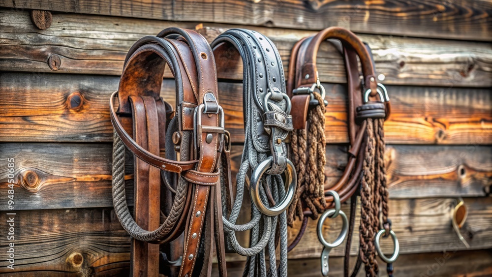 Leather horse reins with elegant silver buckles and worn edges, coiled ...