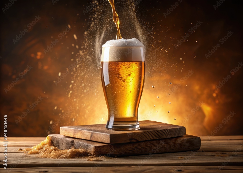 Freshly poured golden beer flows into a glass, foaming up with bubbles ...