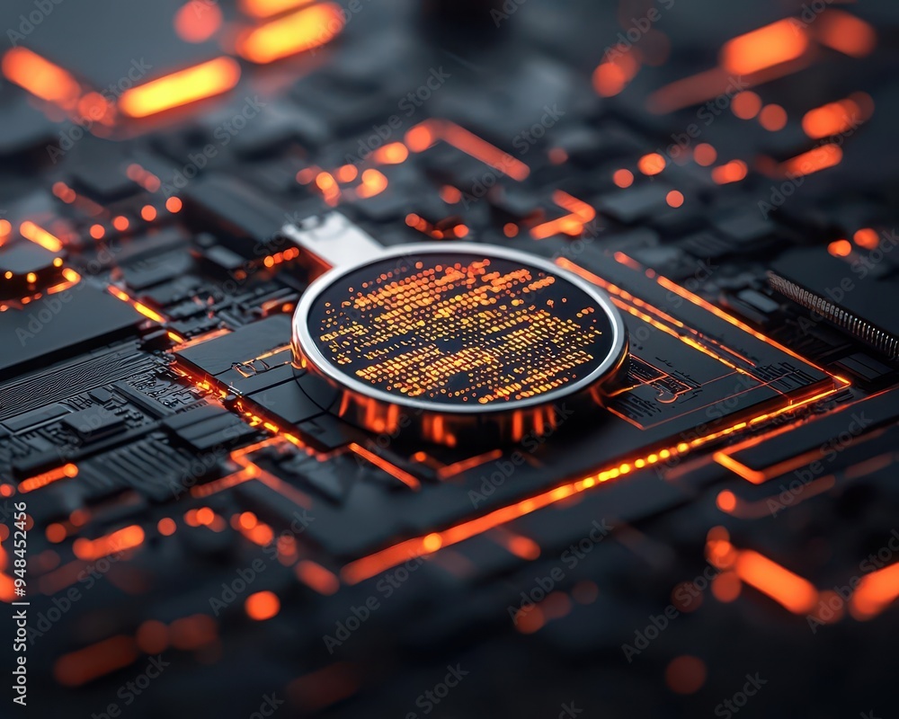 Forensic investigation into a hacked server, glowing digital ...