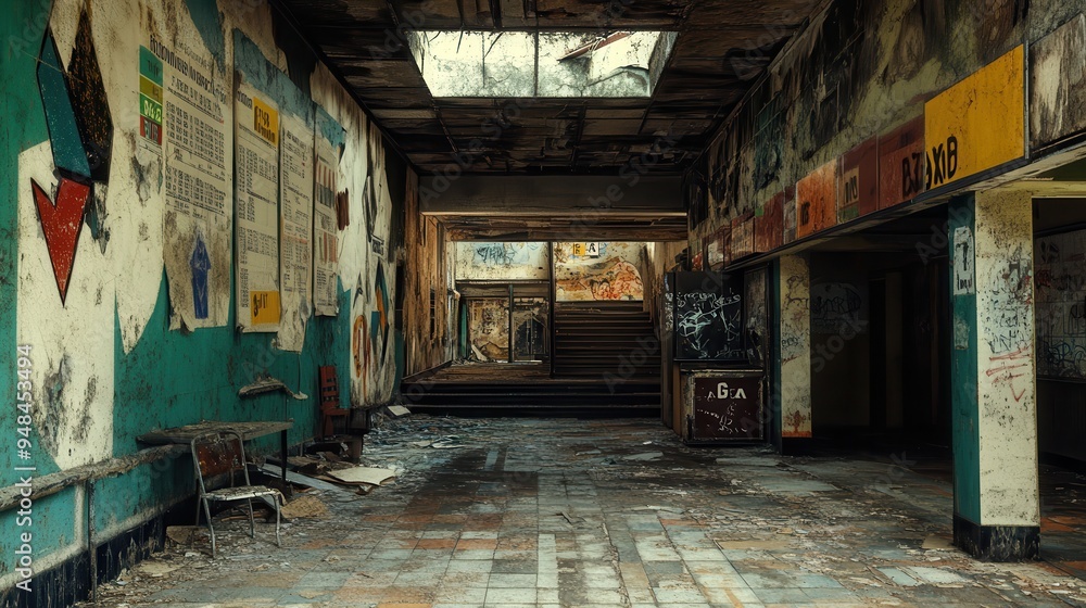 A decaying interior of an abandoned building, featuring peeling paint ...