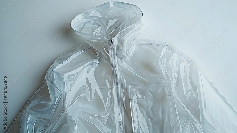 Clear plastic raincoat with a hood and zipper, designed for lightweight ...