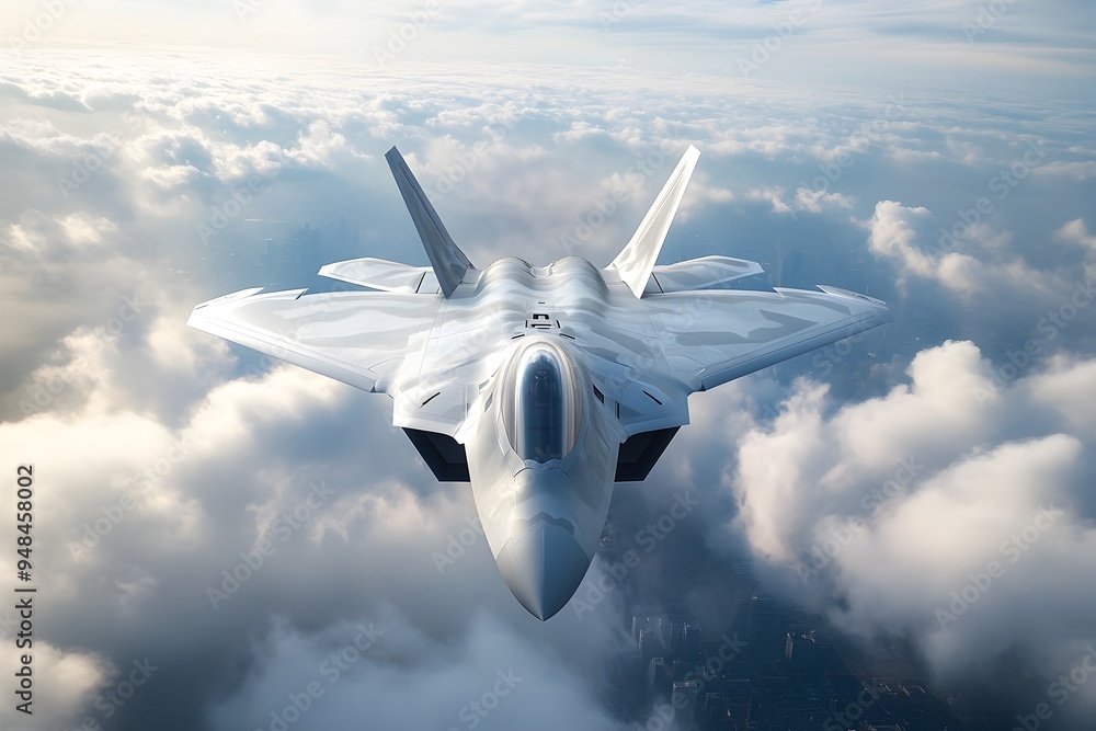 Futuristic F 22 Raptor Fighter Jet Soaring Through Clouds with a Sense ...