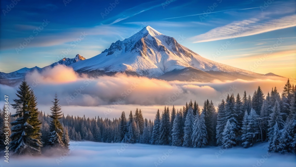 Majestic snow-capped mountain peak rises above a serene winter landscape, surrounded by misty ...