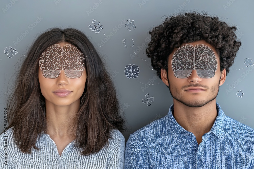 Minimalist digital portrait of two individuals with glowing neural ...