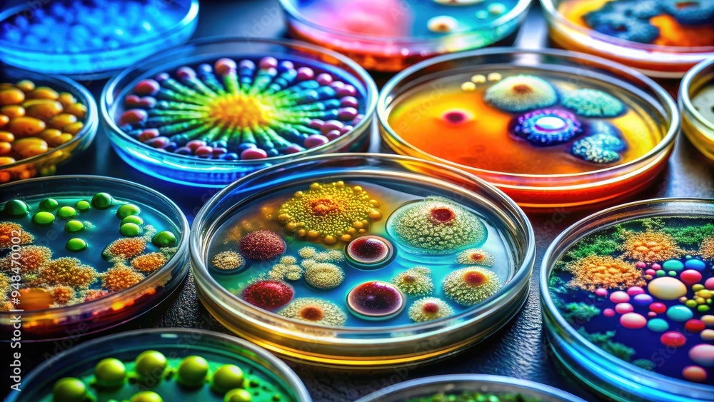 High-contrast microscope image of colorful microbial colonies growing ...