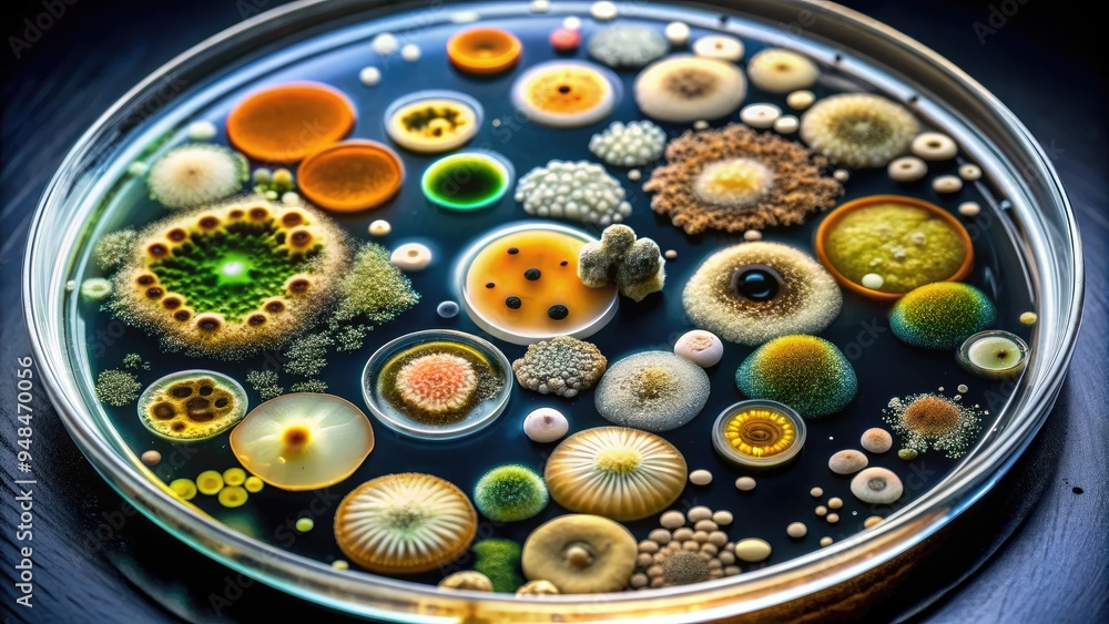 High-contrast microscope image of various microorganisms, including ...