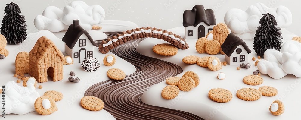 A river of chocolate flowing through a dessert village with bridges ...