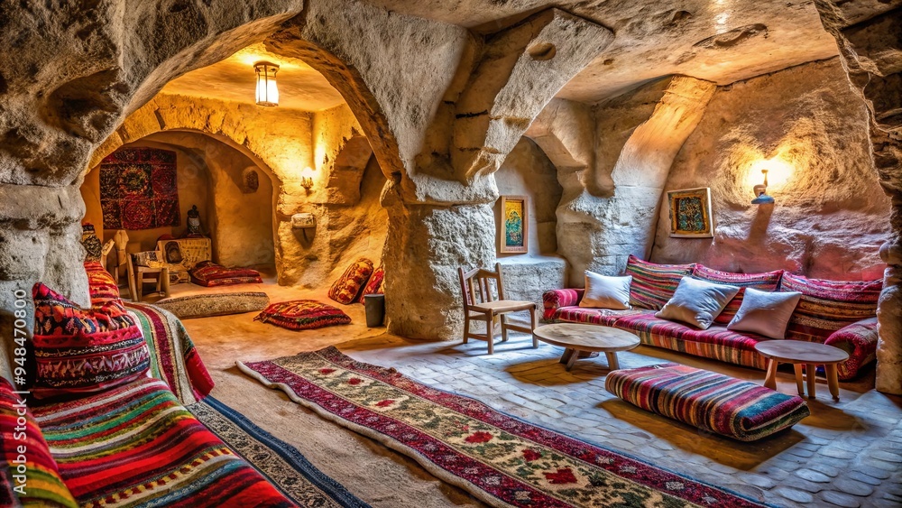 Inside view of a cave house carved into the rock in Cappadocia ...