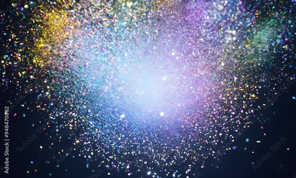 A center explosion of shimmering holographic confetti particles ...