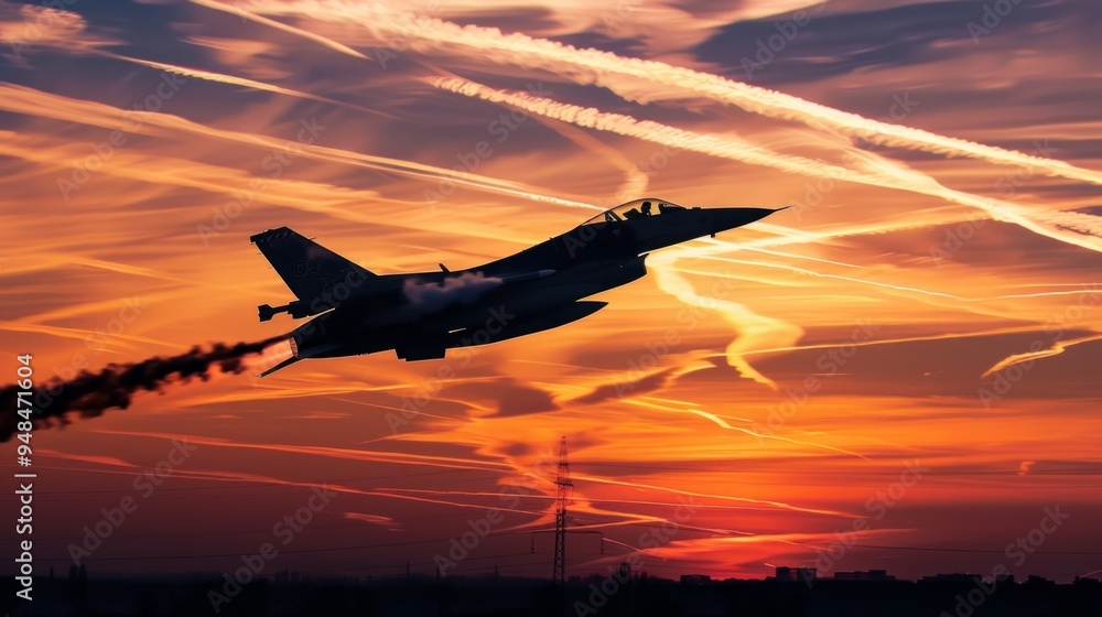 Create a dramatic scene of a military fighter jet performing an aerial ...