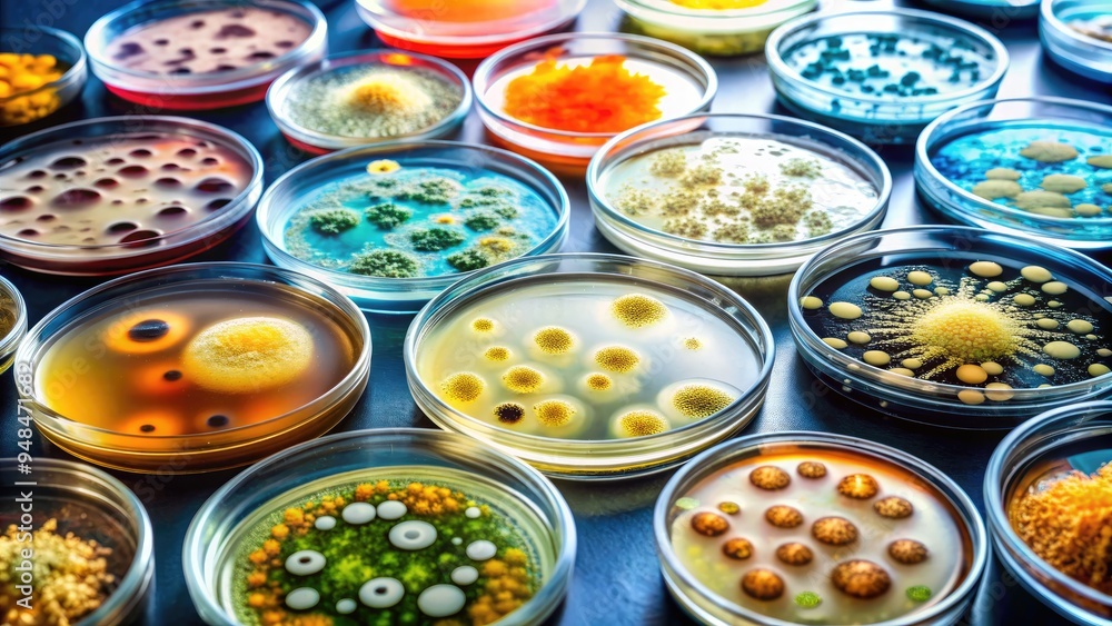 High-contrast microscopic view of various microbiological samples on ...