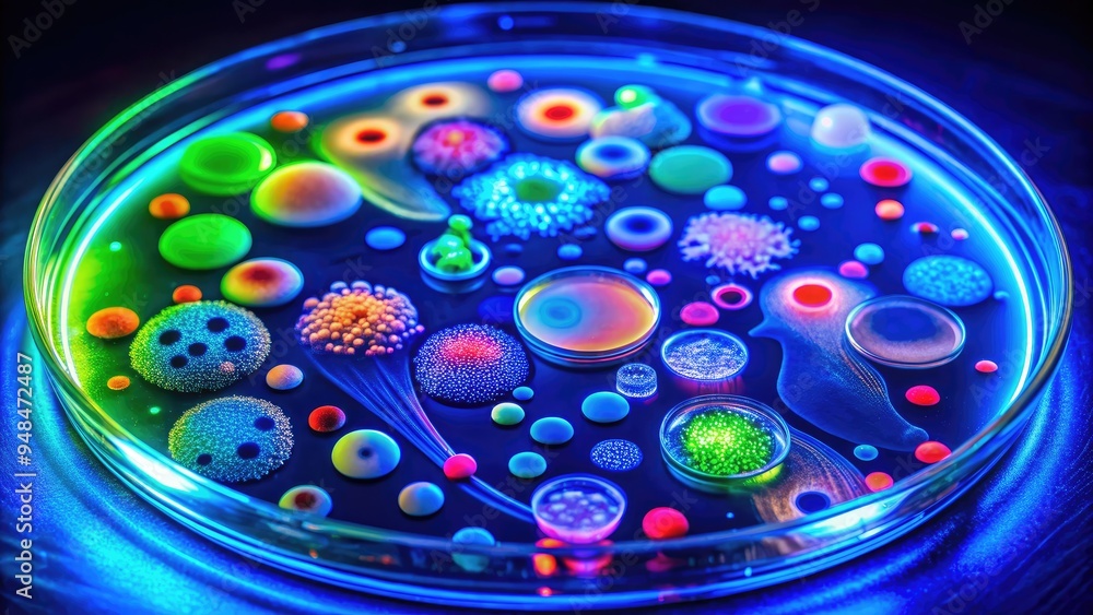 High-magnification microscopic view of various microorganisms, bacteria ...