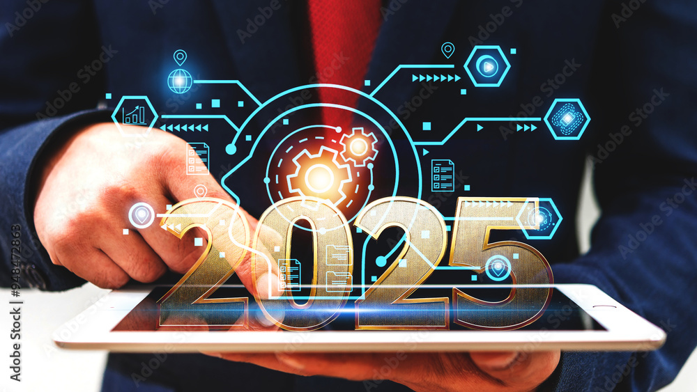 Businessman in suit with 2025 text using tablet touching the brain ...