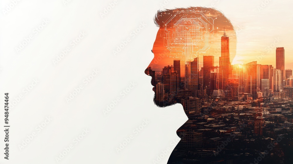 Global marketplace merged with AI Ecosystem, double exposure, white ...