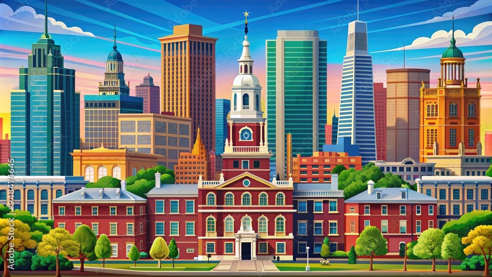 Historic Philadelphia cityscape illustration showcasing iconic ...