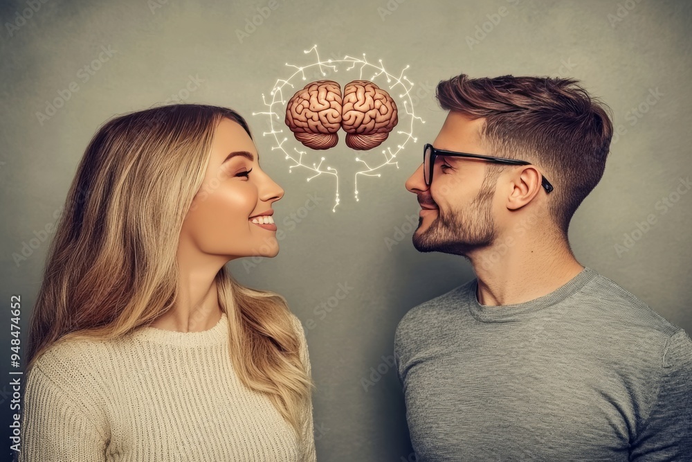 Side by side comparison of a couples heads with brain cutaways ...