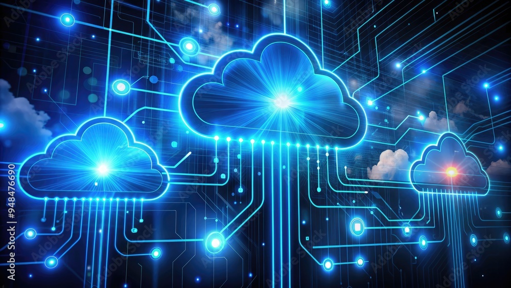 Illuminated blue clouds with glowing circuit lines and floating data ...