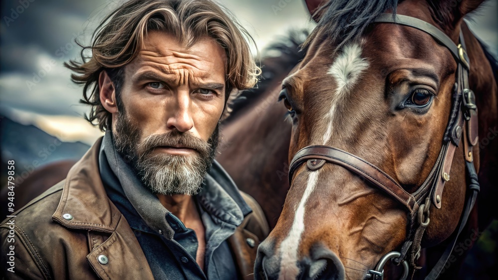 Intense close-up portrait of a rugged, unshaven man with a strong grip ...