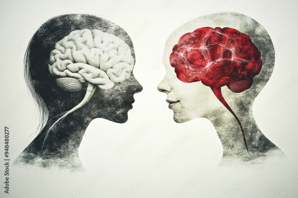 Black and white profile heads with highlighted brains representing the ...