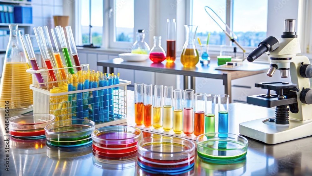 Laboratory equipment and supplies, including petri dishes, test tubes ...
