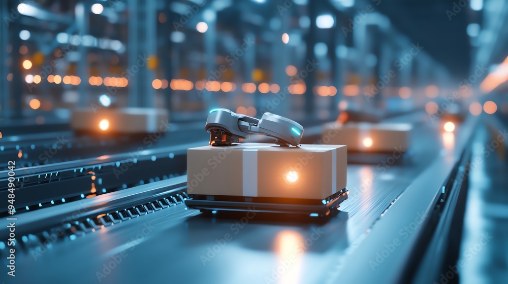 Automated warehouse system with robotic vehicles transporting packages on conveyor belts ...