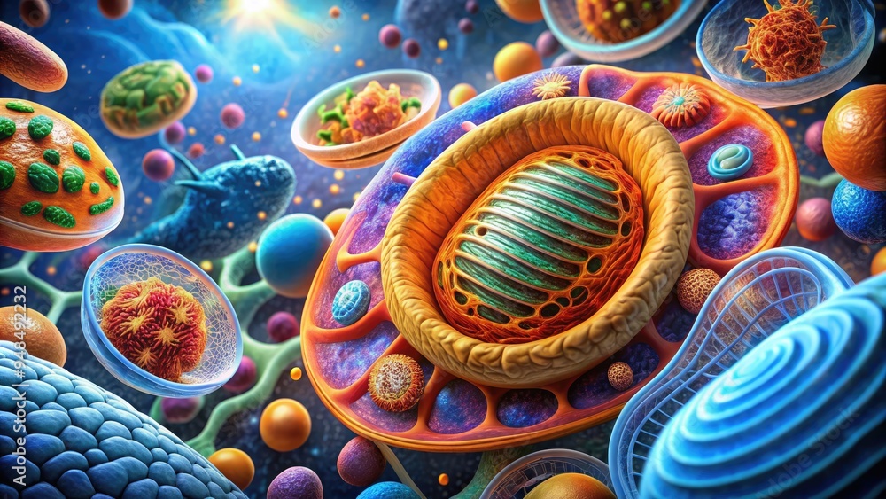 Magnified illustration of cellular structures, showcasing mitochondria ...