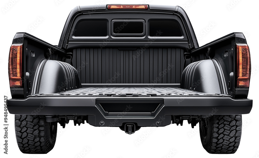 Rear view of a pickup truck with an empty bed and open tailgate ...