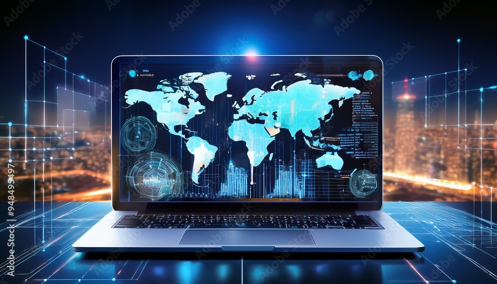Laptop computer with futuristic interface displaying data ...