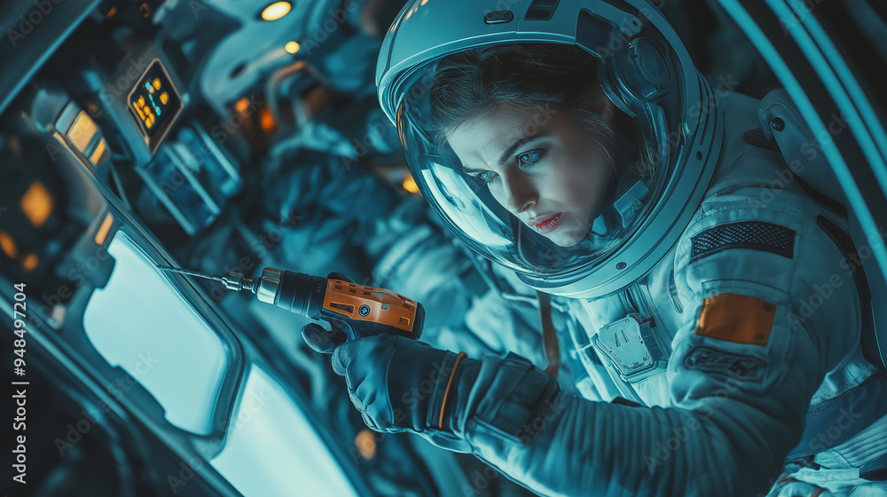 Space Engineer Servicing a Panel on a Communication Satellite with an ...