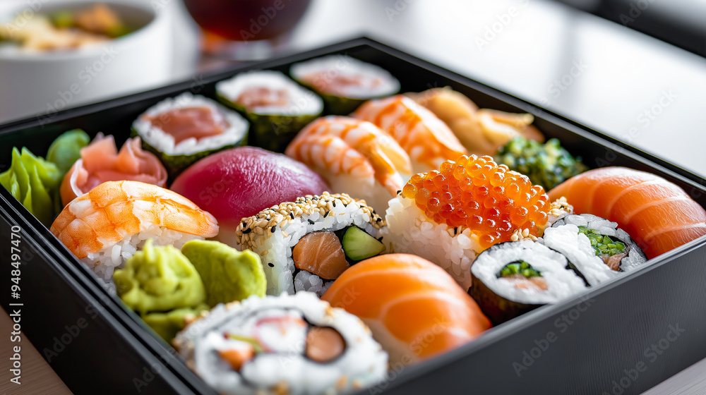 A traditional Japanese bento box is filled with an assortment of ...