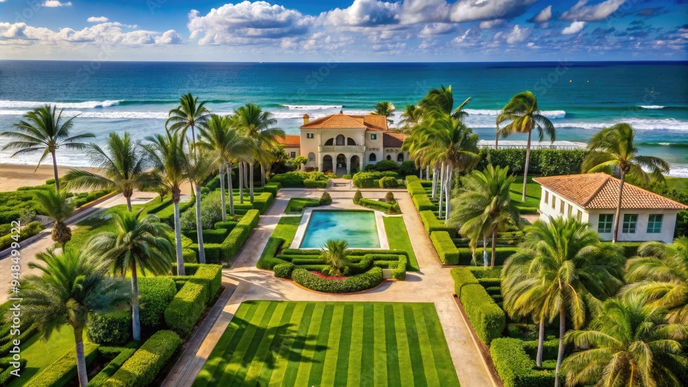 Majestic oceanfront estate with ornate architecture, lush gardens, and ...