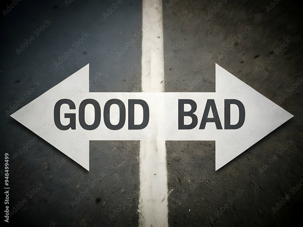 Two arrows with good and bad words over asphalt road background Stock ...