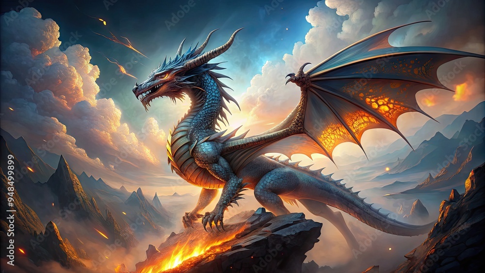 Majestic serpent-like dragon with iridescent scales, glowing embers ...