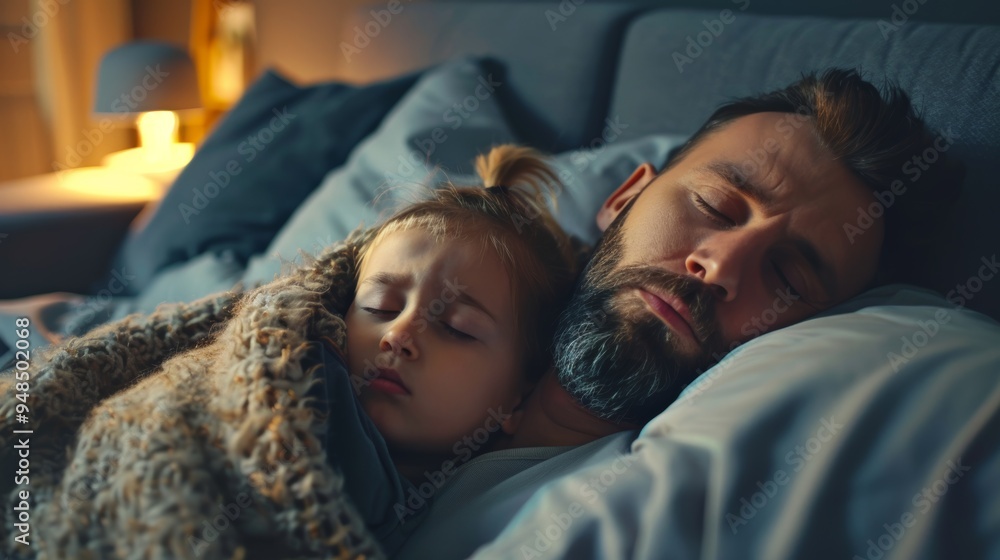 man take care of little ill daughter. Sick child lying on bed under ...
