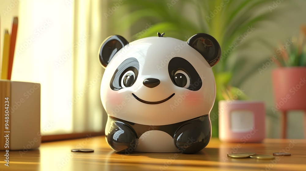 Cute Panda Shaped Piggy Bank Sits on Child s Desk for Saving Coins and ...