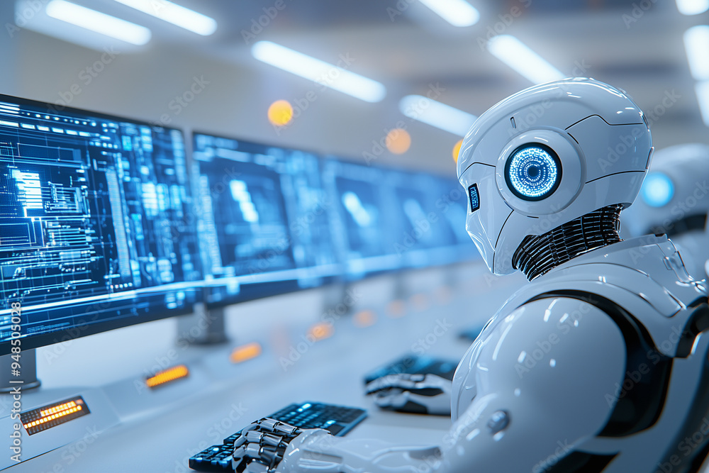 Artificial intelligence robots working in an office, data center with ...