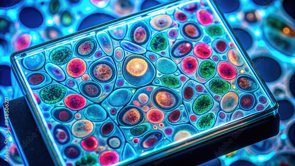 Microscope slide with stained cells under brightfield illumination ...