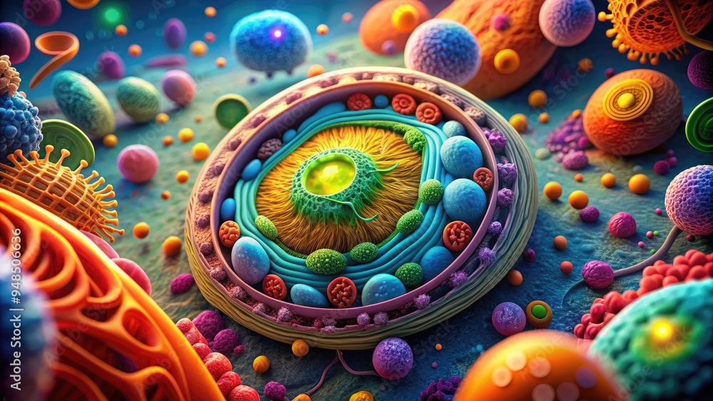Microscopic illustration of a cell's internal structure, showcasing the ...