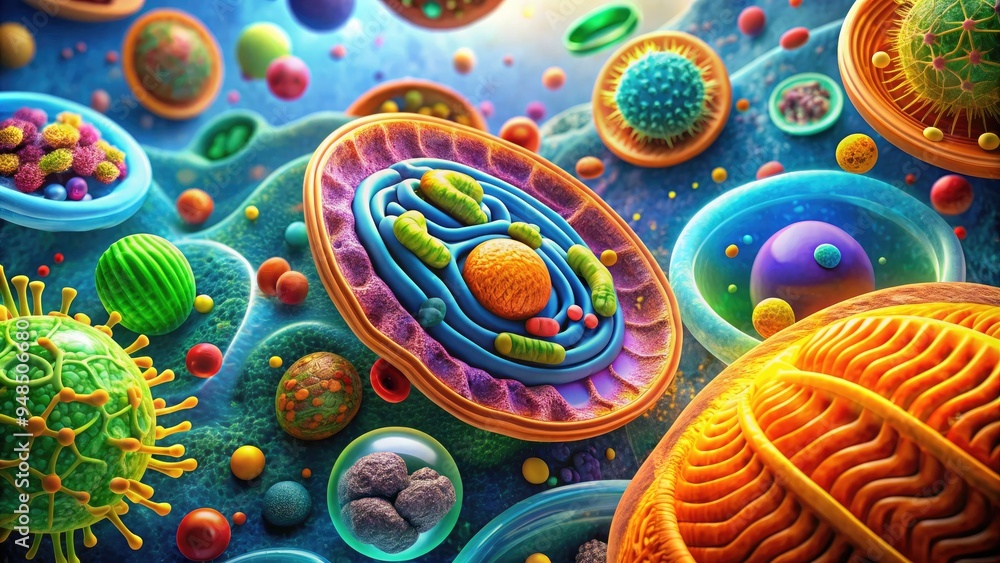 Microscopic illustration of cellular organelles, showcasing ...